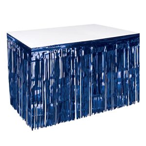 beistle 1-ply metallic plastic foil fringe table skirt parade floats, mardi gras party, birthday decorations, baby shower celebration, wedding reception, 30" x 14', navy