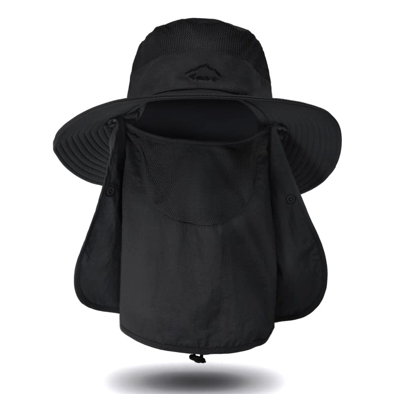 Fishing Hat for Men Sun Protection Hat with Removable Mesh Face Neck Flap Cover Windproof Strap for Men and Women Black