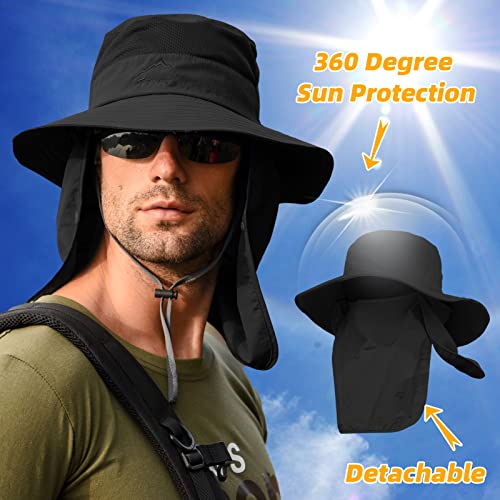 Fishing Hat for Men Sun Protection Hat with Removable Mesh Face Neck Flap Cover Windproof Strap for Men and Women Black