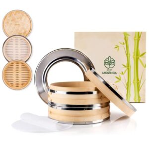 bamboo steamer basket - 10 inch 2 tier vegetable steamer w/stainless steel ring & 4 silicone liners, dumpling steamer for steaming food