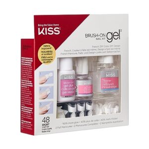 KISS Brush-On Gel Finish Fake Nail Kit French Manicure Set, 48 Short Length Square Shaped French & Natural Glue-On Nail Tips