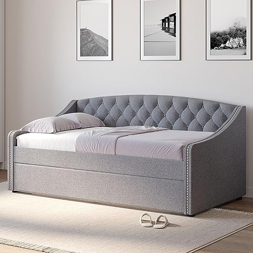 DG Casa SUVA Traditional Upholstered Daybed with Trundle Platform Bed Frame with Diamond Button Tufting Nailhead Trim and Full Wooden Slats, Box Spring not Required - Twin Size Day Bed in Gray Fabric