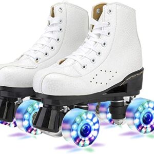 DBFHE Roller Skates for Women and Men, Outdoor Quad Wheel Rink Skates with Light Up Wheels, Classic Quad Rink Skate Shoes for Adult/Girls/Unisex and Beginners,白色-39EU/US8, White