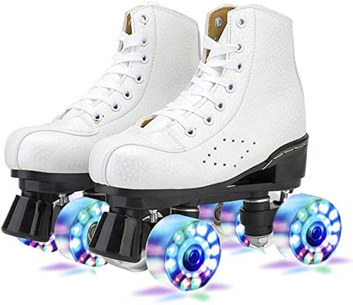 DBFHE Roller Skates for Women and Men, Outdoor Quad Wheel Rink Skates with Light Up Wheels, Classic Quad Rink Skate Shoes for Adult/Girls/Unisex and Beginners,白色-39EU/US8, White