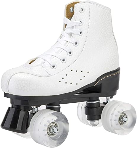 DBFHE Roller Skates for Women and Men, Outdoor Quad Wheel Rink Skates with Light Up Wheels, Classic Quad Rink Skate Shoes for Adult/Girls/Unisex and Beginners,白色-39EU/US8, White