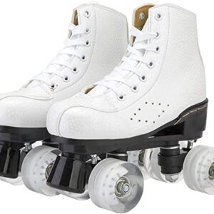 DBFHE Roller Skates for Women and Men, Outdoor Quad Wheel Rink Skates with Light Up Wheels, Classic Quad Rink Skate Shoes for Adult/Girls/Unisex and Beginners,白色-39EU/US8, White