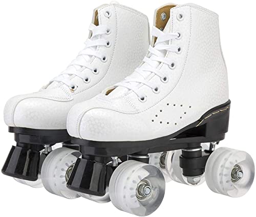 DBFHE Roller Skates for Women and Men, Outdoor Quad Wheel Rink Skates with Light Up Wheels, Classic Quad Rink Skate Shoes for Adult/Girls/Unisex and Beginners,白色-39EU/US8, White