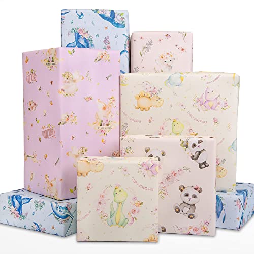 Larcenciel Gift Wrapping Paper for Kids - 5 Sheets of Cute Unicorn, Dinosaur, Panda, Elephant, and Whale Designs - Perfect for Birthdays, Holidays, and More (27.5x19.6inch)