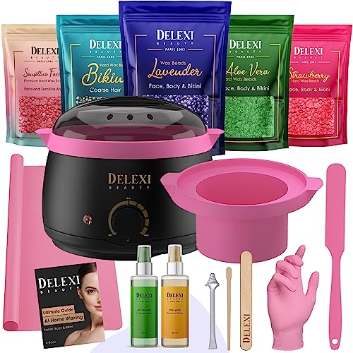 DELEXI All-in-one At Home Waxing Kit for Women +5 Pack Salon Quality Hard Wax Beads +Silicone Wax Kit Accessories + Hot Wax Melt Warmer for Hair Removal For Brows, Bikini, Legs & Sensitive skin