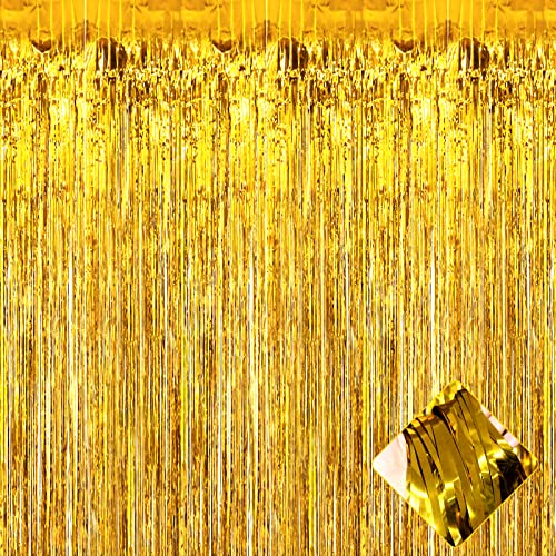 4 Pack Gold Foil Fringe Curtain Backdrop, 3.2Ft x 9.8Ft Metallic Tinsel Foil Fringe Streamers Curtains for Party, Photo Booth Props, Birthday, Wedding, Christmas Party Decoration Supplies