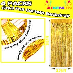 4 Pack Gold Foil Fringe Curtain Backdrop, 3.2Ft x 9.8Ft Metallic Tinsel Foil Fringe Streamers Curtains for Party, Photo Booth Props, Birthday, Wedding, Christmas Party Decoration Supplies