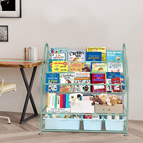 aboxoo Metal Kids Bookshelf Green Freestanding for Children Room 32 in Toy Organizer Large White Stable Bookcase Bookstore Living Room Bed Room Library Book Unit Storage