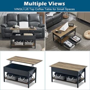 VINGLI 36" Lift Top Coffee Table with Free Cloth Storage Bins, Rustic Framhouse Black Coffee Table for Living Room, Small Modern Coffee Table for Small Space in Minimalistic Style, Black