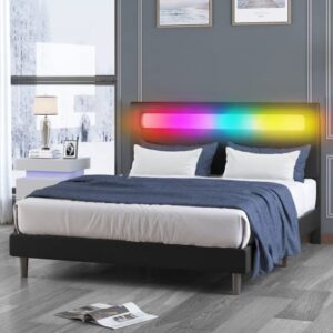 mjkone queen size bed frame, led bed frame with smart rgb led light bar, works with alexa or apps, platform bed with adjustable lighting, upholstered bed frames with headboard, no mattress, black