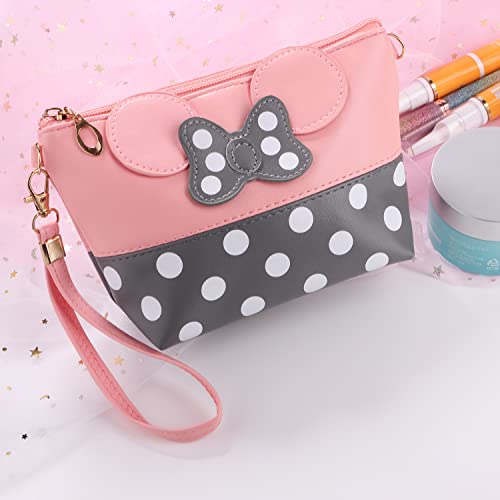 yiwoo Cosmetic Bag Mouse Ears Bag with Zipper,Cartoon Leather Travel Makeup Handbag with Ears and Bow-knot, Cute Portable Cosmetic Bag Toiletry Pouch for Women Teen Girls Kids(Pink)