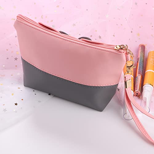 yiwoo Cosmetic Bag Mouse Ears Bag with Zipper,Cartoon Leather Travel Makeup Handbag with Ears and Bow-knot, Cute Portable Cosmetic Bag Toiletry Pouch for Women Teen Girls Kids(Pink)