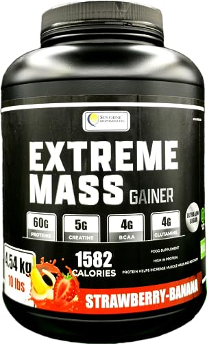 Extreme Mass Strawberry-Banana 10 lbs (4.54 kg) from Sunshine BioPharma, mass gainer protein mix giving the high calorie fortified whey protein with BCAA, creatine, glutamine, vitamins and minerals.