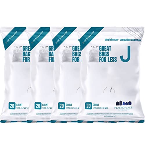 Plasticplace Trash Bags simplehuman (x) Code J Compatible Packs │White Drawstring Garbage Liners 10-10.5 Gallon / 38-40 Liter │ 21'' x 28'' (20 Count/5 Pack)