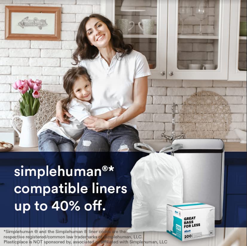 Plasticplace Trash Bags simplehuman (x) Code J Compatible Packs │White Drawstring Garbage Liners 10-10.5 Gallon / 38-40 Liter │ 21'' x 28'' (20 Count/5 Pack)