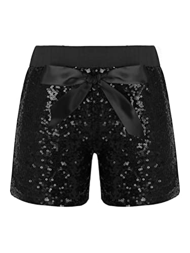 Aislor Girl's Boy's Athletic Dance Shorts Pull On Shiny Sequin Shorts Training Gymnastics Short Hot Pants with Bowknot Black 7-8 Years