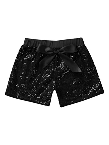 Aislor Girl's Boy's Athletic Dance Shorts Pull On Shiny Sequin Shorts Training Gymnastics Short Hot Pants with Bowknot Black 7-8 Years