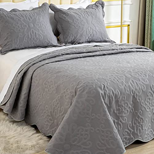 Oversized King Bedspreads 128x120 for Extra Tall King/California King Bed Lightweight Quilted Coverlet Set 3 Pieces 1 Quilt 2 Pillow Shams Gray