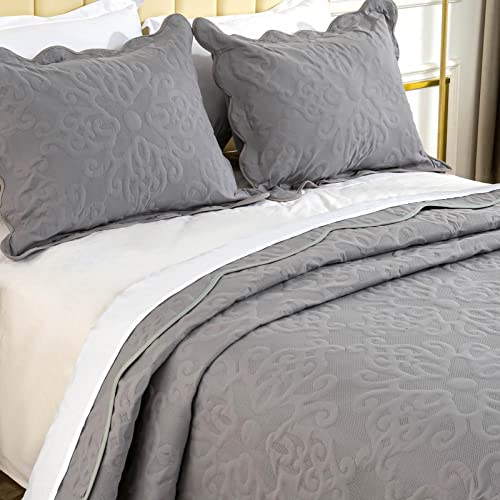 Oversized King Bedspreads 128x120 for Extra Tall King/California King Bed Lightweight Quilted Coverlet Set 3 Pieces 1 Quilt 2 Pillow Shams Gray