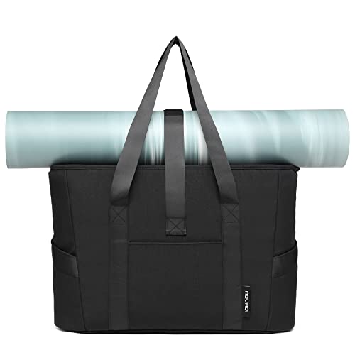 Moyaqi Yoga Tote Bag with Water Bottle Pockets Gym Bag with Yoga Mat Strap Weekender Bags for Women Men Black