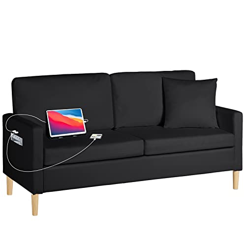 TYBOATLE 66" W Faux Leather Loveseat Sofa w/ 2 USB Charging Ports and Pillow, Mid-Century Modern Couch Love Seats, Living Room Accent Sofas Couches for Small Spaces, Apartment, Bedroom, Dorm (Black)