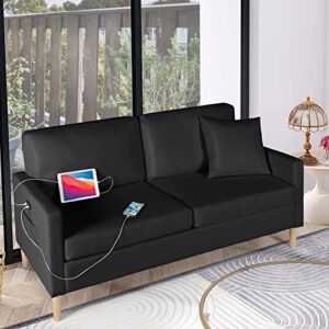 TYBOATLE 66" W Faux Leather Loveseat Sofa w/ 2 USB Charging Ports and Pillow, Mid-Century Modern Couch Love Seats, Living Room Accent Sofas Couches for Small Spaces, Apartment, Bedroom, Dorm (Black)