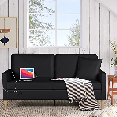 TYBOATLE 66" W Faux Leather Loveseat Sofa w/ 2 USB Charging Ports and Pillow, Mid-Century Modern Couch Love Seats, Living Room Accent Sofas Couches for Small Spaces, Apartment, Bedroom, Dorm (Black)