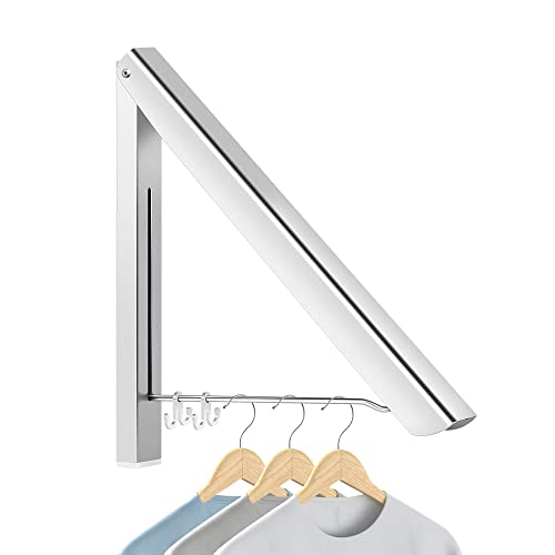 ETiME Closet Hanging Storage Organizer, Wall Mounted Clothes Drying Rack Foldable Laundry Room Accessories Retractable Clothes Rack for Balcony, Bathroom, Patio and Bedroom (Single Rack, Silver)