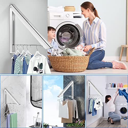 ETiME Closet Hanging Storage Organizer, Wall Mounted Clothes Drying Rack Foldable Laundry Room Accessories Retractable Clothes Rack for Balcony, Bathroom, Patio and Bedroom (Single Rack, Silver)