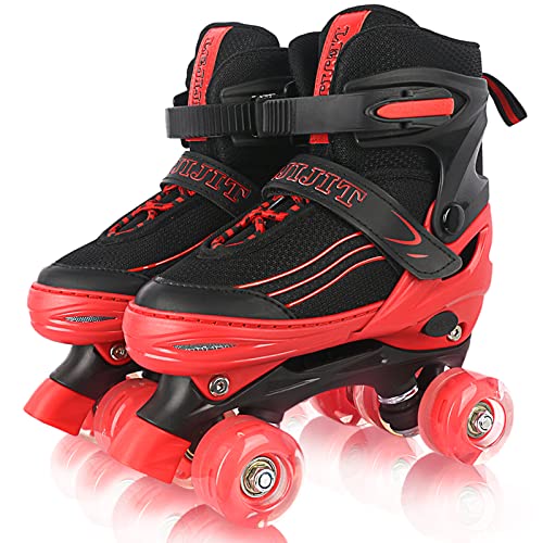 LEJIJIT Roller Skates for Kids Boys Girls Toddler Ages 3-12, Adjustable 4 Sizes for Kids and Youth Teen with Light Up Wheels, Quad Red Roller Skates for Sports (Little Kid 11C-1Y)