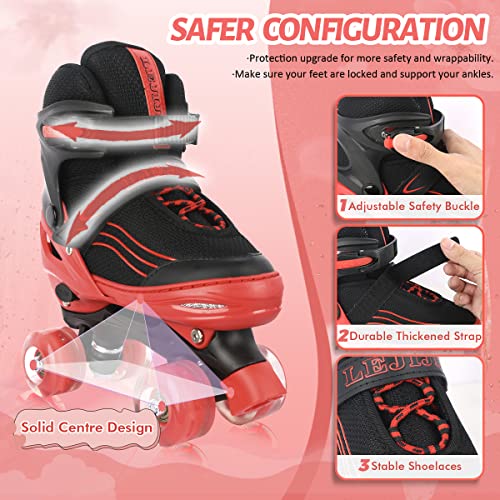 LEJIJIT Roller Skates for Kids Boys Girls Toddler Ages 3-12, Adjustable 4 Sizes for Kids and Youth Teen with Light Up Wheels, Quad Red Roller Skates for Sports (Little Kid 11C-1Y)