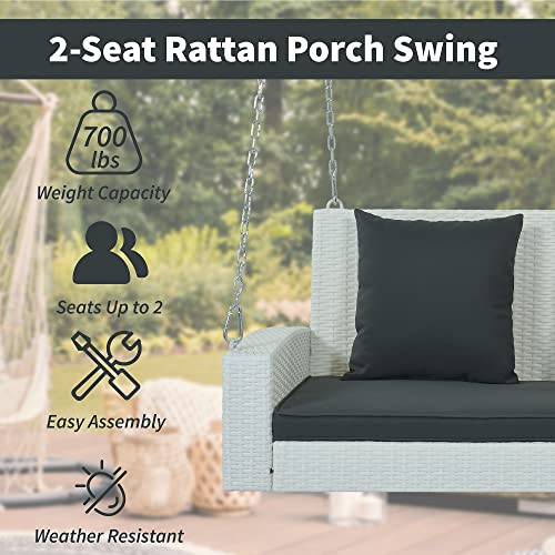 2-Person Porch Swing with Hanging Chains,Outdoor Rattan Wicker Porch Swing Bench with Cushion/Pillow for Front Garden, Backyard, Pond, Heavy Duty 500 LBS (White Wicker, Gray Cushion)