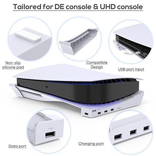 Horizontal Stand for PS5 Console with 4-Port USB Hub,MENEEA Upgraded Base Skate Holder Accessories for Playstation 5 Disc & Digital Edition,3 Charging Port Extension &1 USB 2.0 Data Port