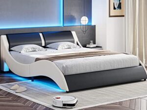 led bed frame queen size modern upholstered platform bed frame with led lights faux pu leather wave like low profile platform bed frame with headboard, wooden slats, no box spring needed, black+white