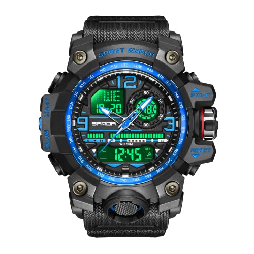 KXAITO Men's Watches Sports Outdoor Waterproof Military Watch Date Multi Function Tactics LED Face Alarm Stopwatch for Men (3133_Blue)