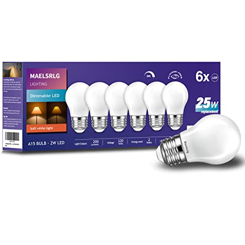 Maelsrlg 25 Watt Equivalent LED Light Bulbs, Dimmable, Soft White 2700K, E26 Medium Base, Low Watt LED Bulbs, 2W 200LM, A15 Frosted, Pack of 6