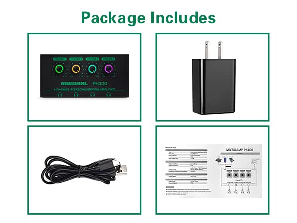 Riworal 4 Channels Headphone Amplifier with 1/4" and 1/8" TRS Jack Input for Dj Mixer Headphone Mixer Amps Headphone Splitter with Separate Volume Control Output for Speaker Or Monitor Headphone