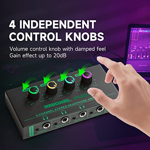 Riworal 4 Channels Headphone Amplifier with 1/4" and 1/8" TRS Jack Input for Dj Mixer Headphone Mixer Amps Headphone Splitter with Separate Volume Control Output for Speaker Or Monitor Headphone