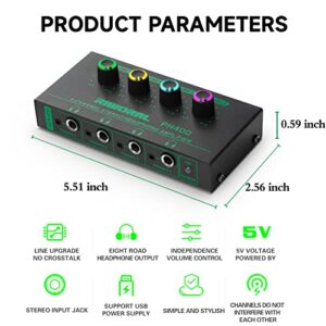 Riworal 4 Channels Headphone Amplifier with 1/4" and 1/8" TRS Jack Input for Dj Mixer Headphone Mixer Amps Headphone Splitter with Separate Volume Control Output for Speaker Or Monitor Headphone