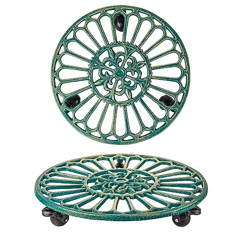 Sungmor Cast Iron Plant Caddy with Wheels, 2PC 14.8" Large & Heavy-duty Rolling Plant Stands, Pretty Garden Pots Tall Planter Dolly, Round Flower Pot Mover Metal Plant Pallet Trolley Tray with Casters