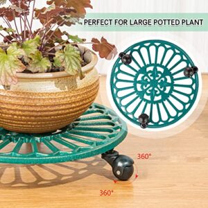 Sungmor Cast Iron Plant Caddy with Wheels, 2PC 14.8" Large & Heavy-duty Rolling Plant Stands, Pretty Garden Pots Tall Planter Dolly, Round Flower Pot Mover Metal Plant Pallet Trolley Tray with Casters