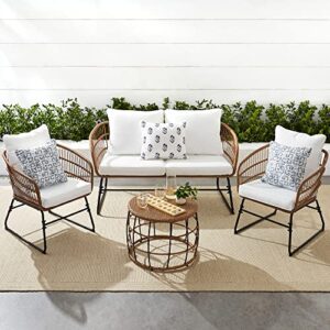 best choice products 4-piece outdoor rope wicker patio conversation set, modern contemporary furniture for backyard, balcony, porch w/loveseat, plush cushions, coffee table, steel frame - white