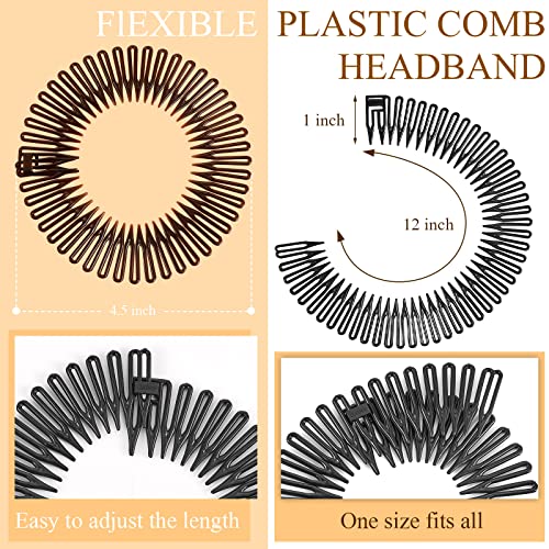 20 Pcs Full Circular Stretch Comb Flexible Circle Comb Circular Plastic Headband with Teeth 90s Hair Accessories Hairband Holder for Women Girls Yoga Sports (Black, Coffee, Clear, White)