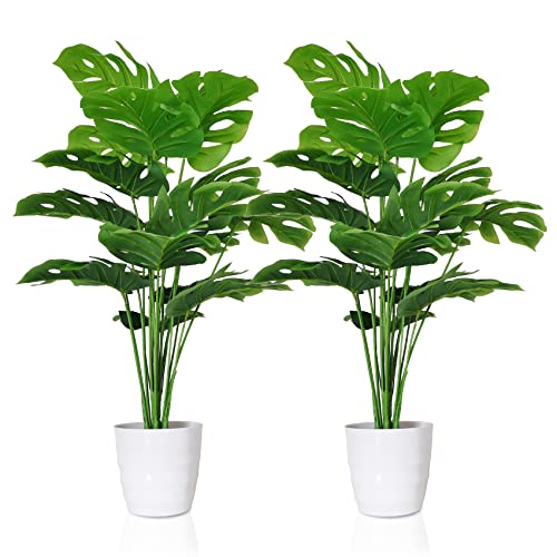 SAJANDAS Set of 2 Artificial Monstera Deliciosa Plants in Pots, Fake Tropical Palm Tree with Greenery Leaves Stems, 28 Inch Artificial Cheese Plant for Home Bathroom, Office, Windowsill Decor