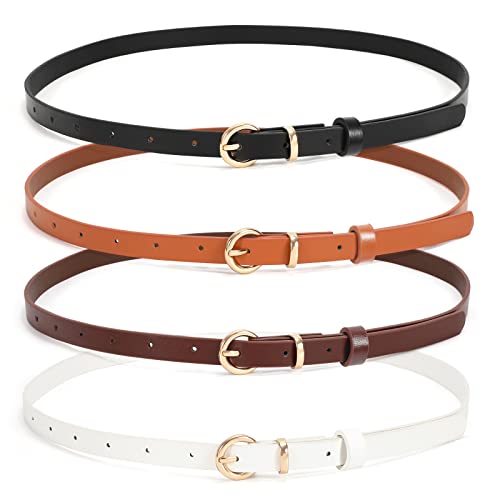 WHIPPY Set of 4 Women Skinny Belts Thin Leather Waist Belt with Alloy Pin Buckle for Pants Jeans Dresses, Black/Brown/Coffee/White,Fits Waist 27"-31"