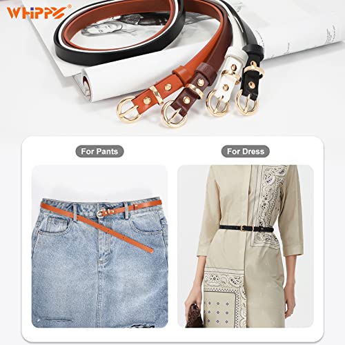 WHIPPY Set of 4 Women Skinny Belts Thin Leather Waist Belt with Alloy Pin Buckle for Pants Jeans Dresses, Black/Brown/Coffee/White,Fits Waist 27"-31"